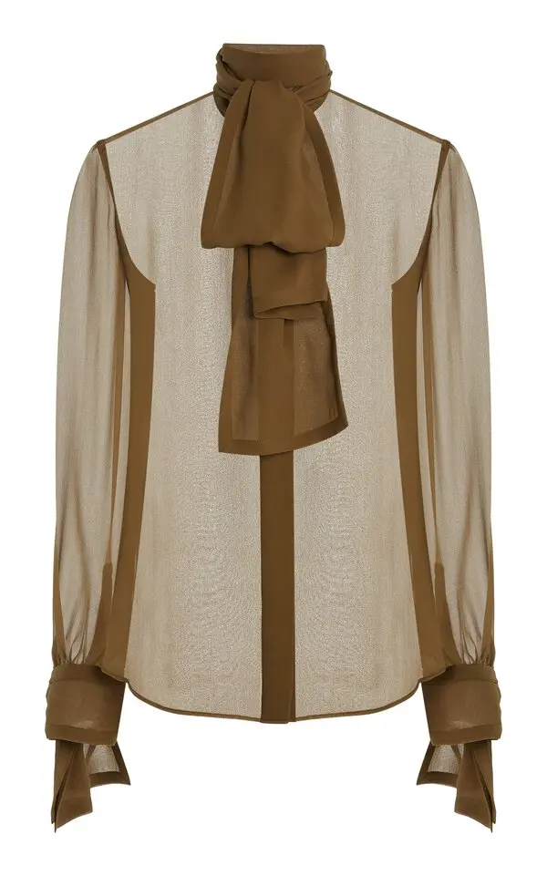 Saint Laurent Silk Mousseline Blouse With Tie Cuffs - Brown