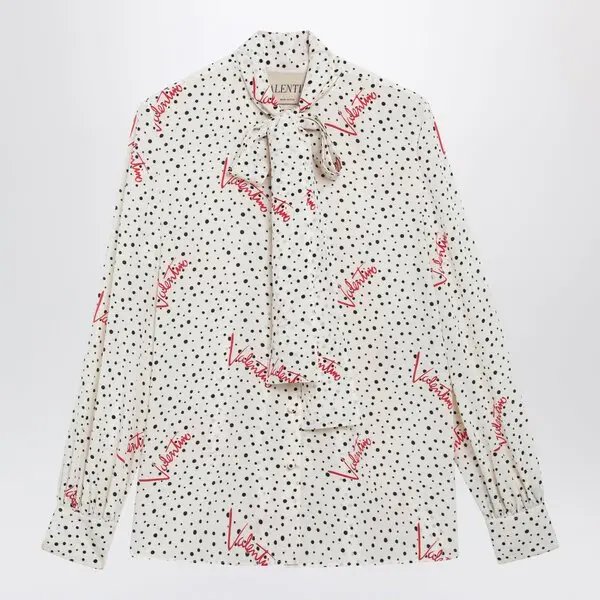 Valentino Garavani Silk Polka Dot Logo Print Shirt With Tie Neck - Multicolor
