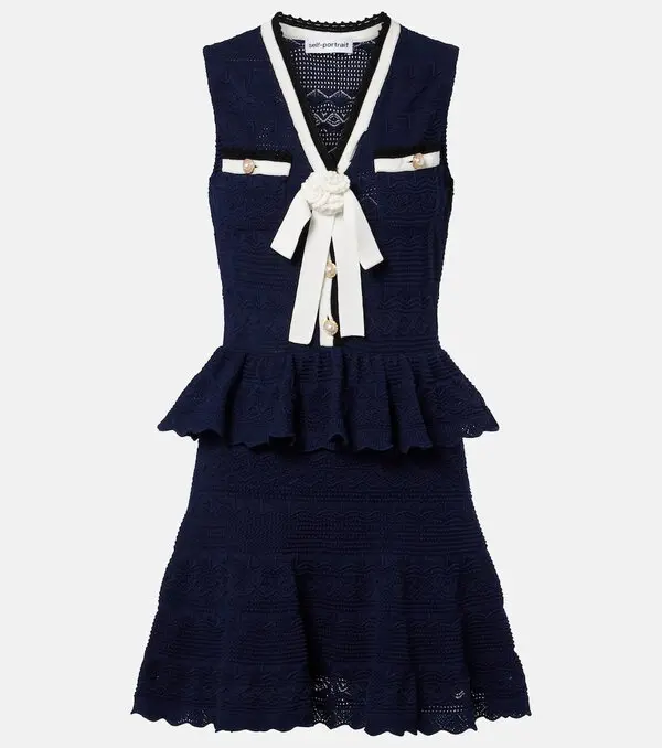 SELF-PORTRAIT Peplum Pointelle Cotton-blend Minidress - Blue