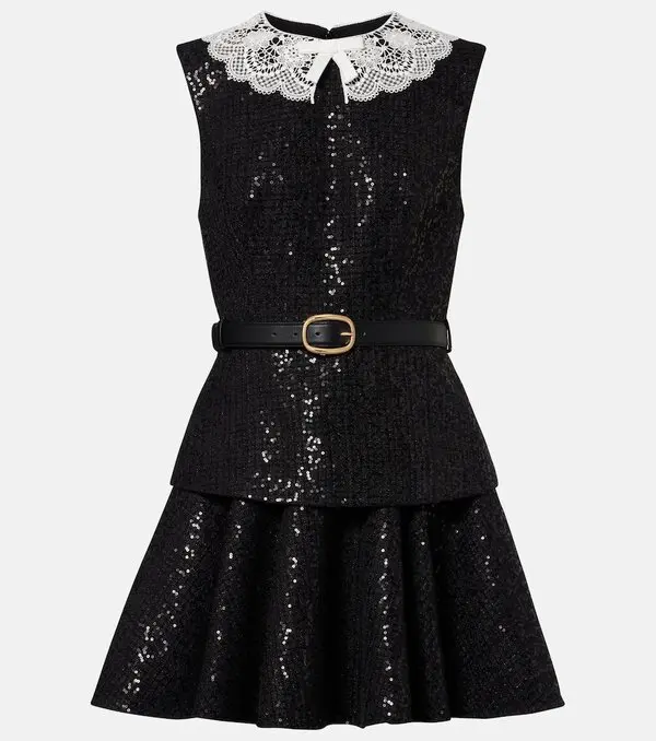 SELF-PORTRAIT Belted Sequined Bouclé Minidress