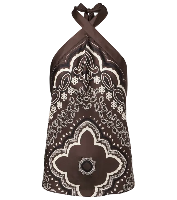 NILI LOTAN Solal Printed Silk Halterneck Top - Brown