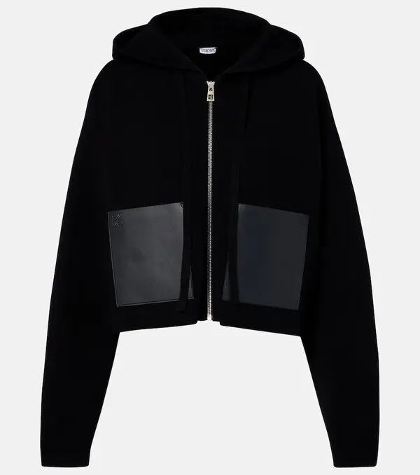 Loewe Wool Hoodie With Leather Trim - Black
