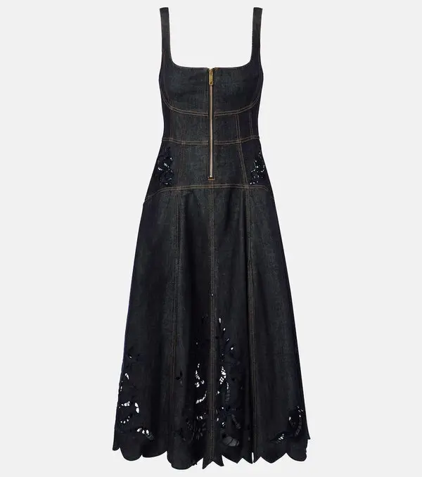 SELF-PORTRAIT Broderie Anglaise Denim Midi Dress
