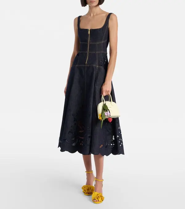SELF-PORTRAIT Broderie Anglaise Denim Midi Dress