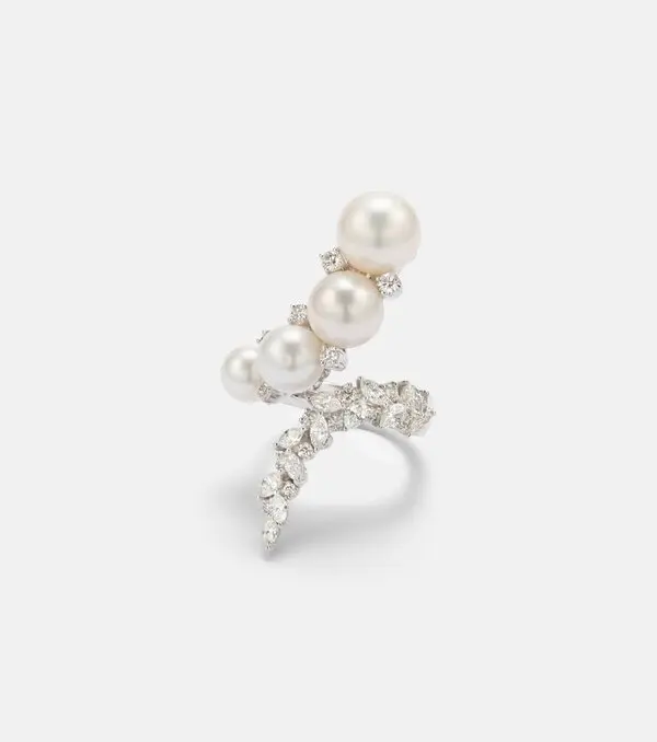 Yeprem Pearlescent 18kt White Gold Ring With Diamonds And Freshwater Pearls - Silver