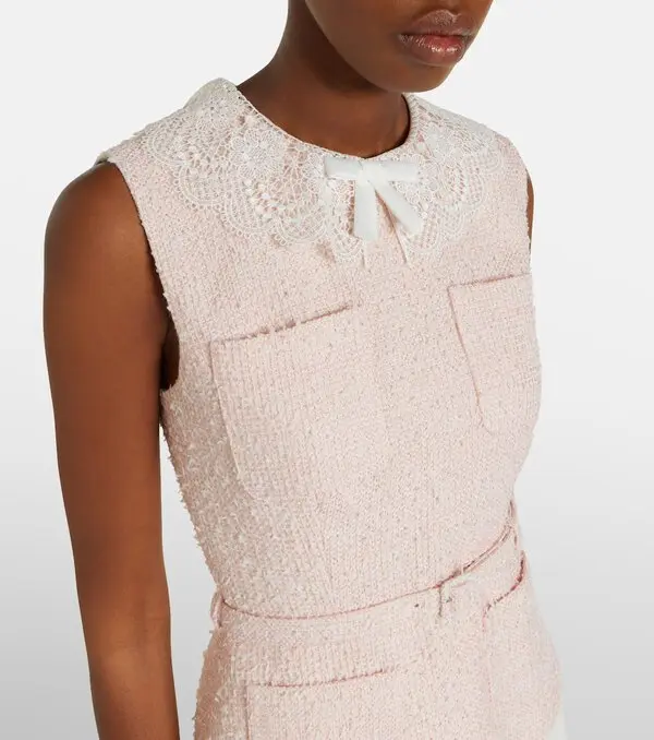 SELF-PORTRAIT Belted Pleated Bouclé And Chiffon Midi Dress