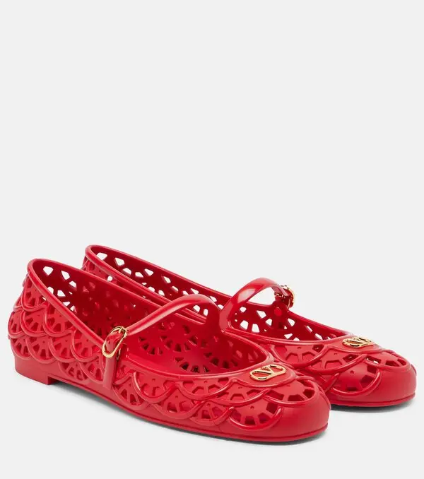 Valentino Garavani Rubber Scalloped Mary Jane Flats - Red