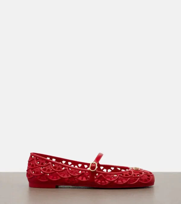 Valentino Garavani Rubber Scalloped Mary Jane Flats - Red