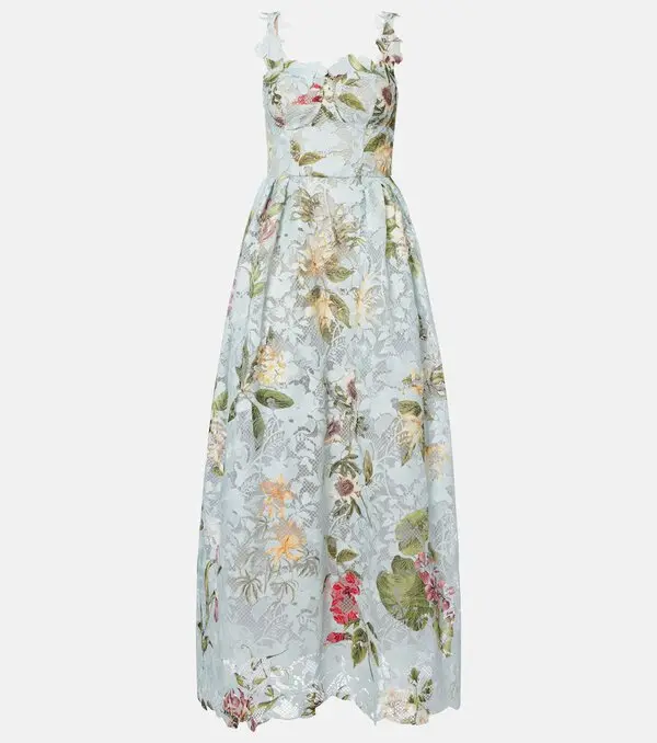 Oscar De La Renta Floral Lace Guipure Maxi Dress - Blue