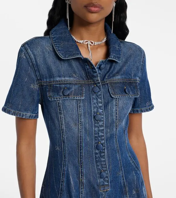 SELF-PORTRAIT Embellished Pleated Denim Minidress