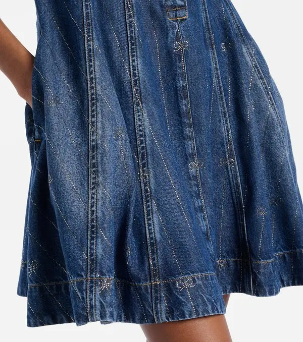 SELF-PORTRAIT Embellished Pleated Denim Minidress
