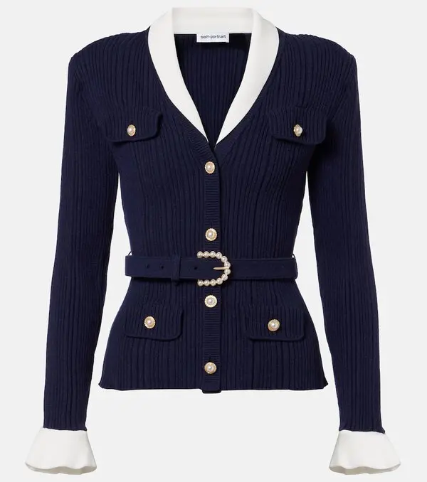 SELF-PORTRAIT Belted Ribbed-knit Cardigan