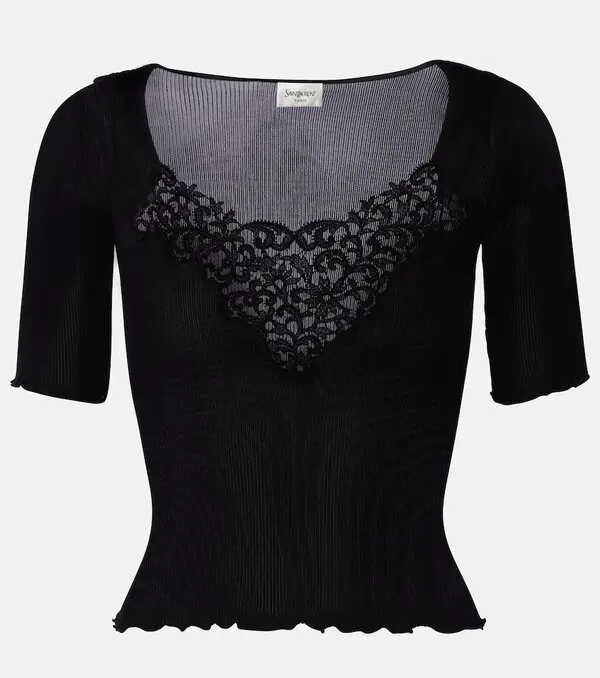 Saint Laurent Lace-trimmed Ribbed-knit Silk Camisole - Black