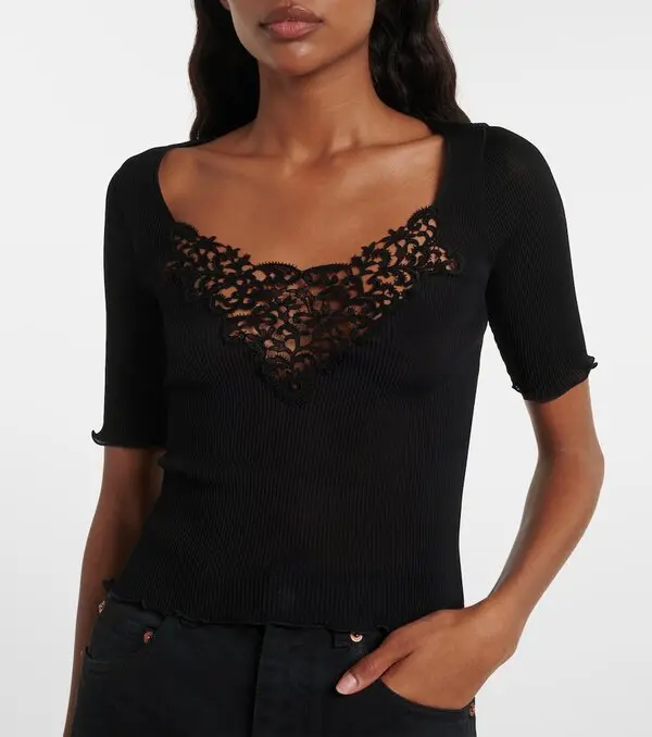 Saint Laurent Lace-trimmed Ribbed-knit Silk Camisole - Black