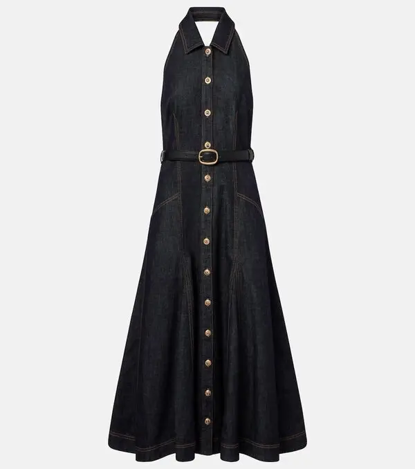 SELF-PORTRAIT Halterneck Denim Midi Dress