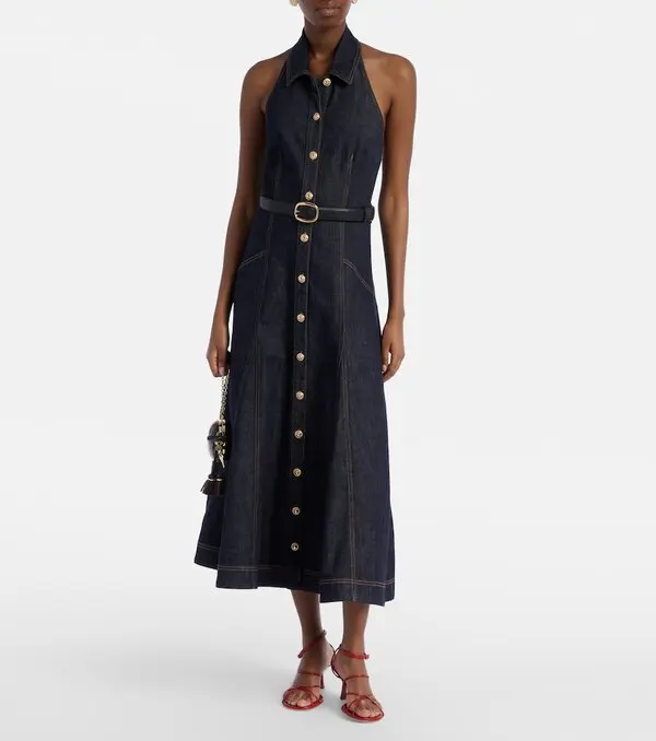SELF-PORTRAIT Halterneck Denim Midi Dress