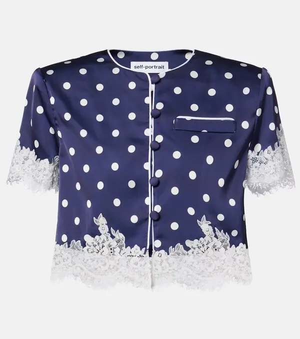 SELF-PORTRAIT Lace-trimmed Polka Dot Satin Crop Top - Blue