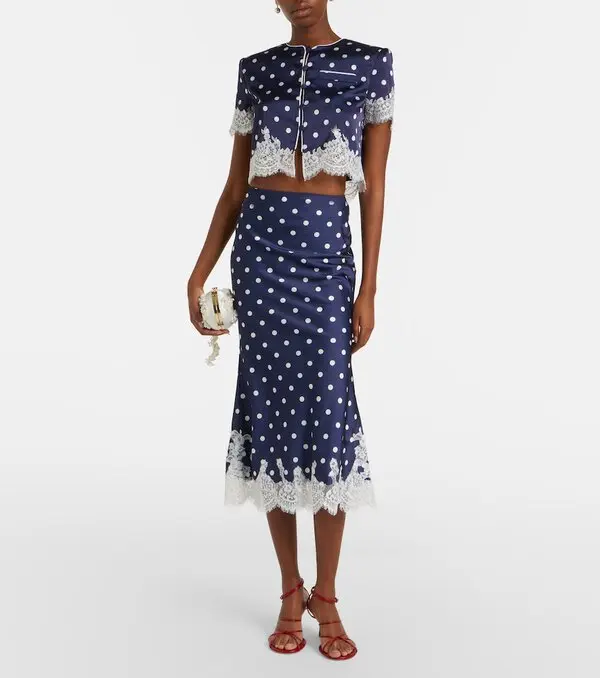 SELF-PORTRAIT Lace-trimmed Polka Dot Satin Crop Top - Blue