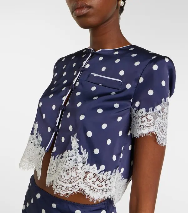 SELF-PORTRAIT Lace-trimmed Polka Dot Satin Crop Top - Blue