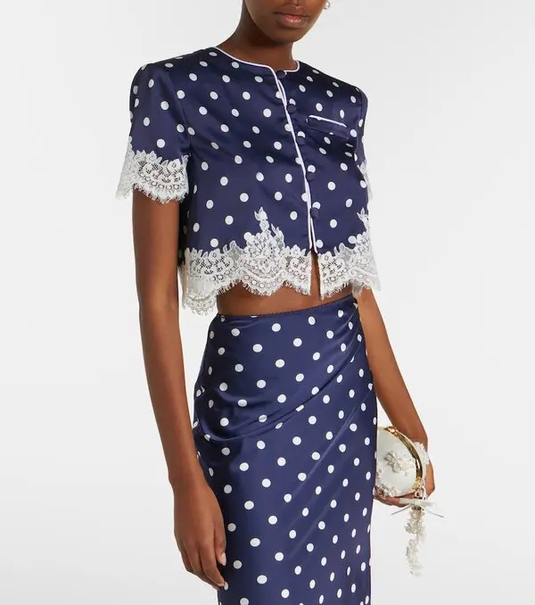 SELF-PORTRAIT Lace-trimmed Polka Dot Satin Crop Top - Blue
