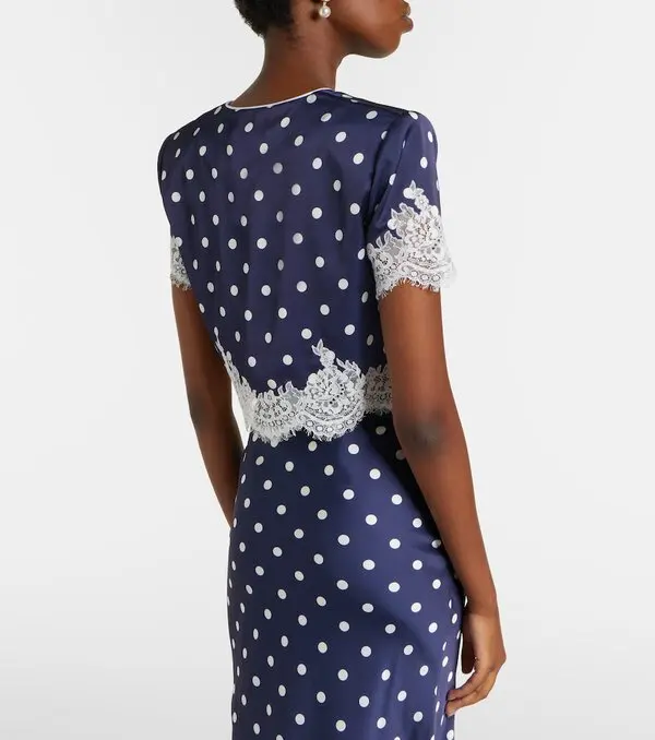 SELF-PORTRAIT Lace-trimmed Polka Dot Satin Crop Top - Blue