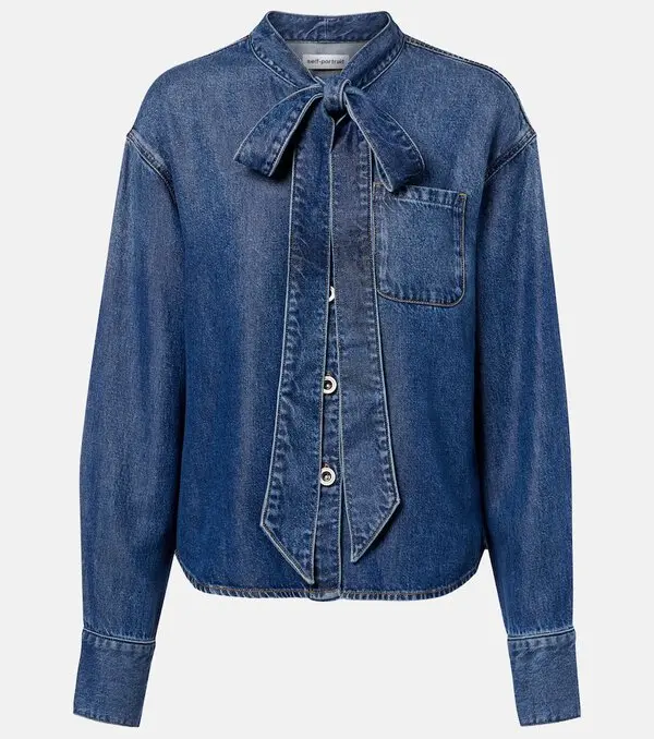 SELF-PORTRAIT Bow Detail Denim Shirt