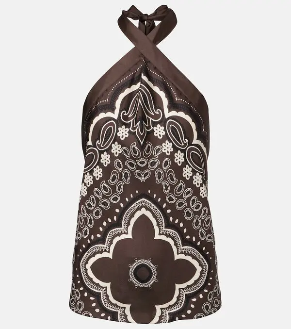 NILI LOTAN Solal Printed Halterneck Silk Top - Brown