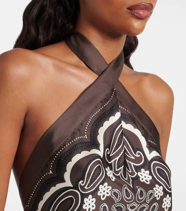 NILI LOTAN Solal Printed Halterneck Silk Top - Brown