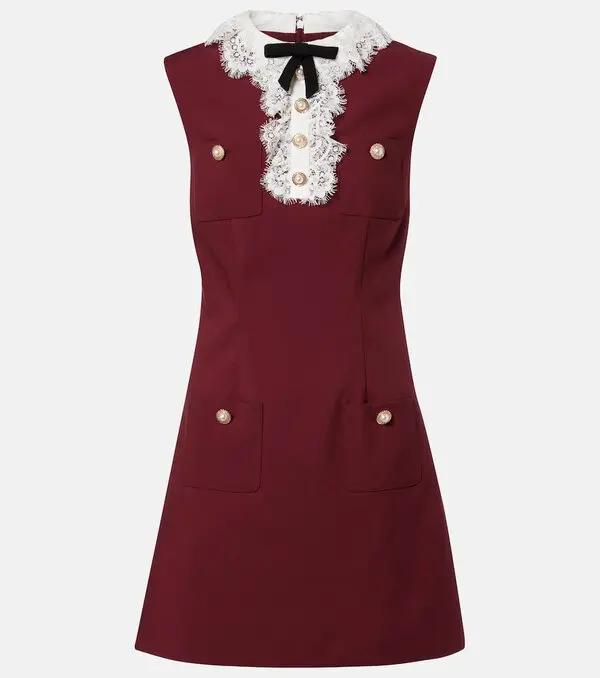 SELF-PORTRAIT Lace-trimmed Crepe Mini Dress - Red