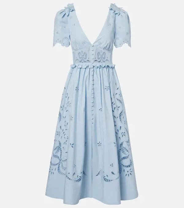SELF-PORTRAIT Broderie Anglaise Cotton-blend Midi Dress - Blue