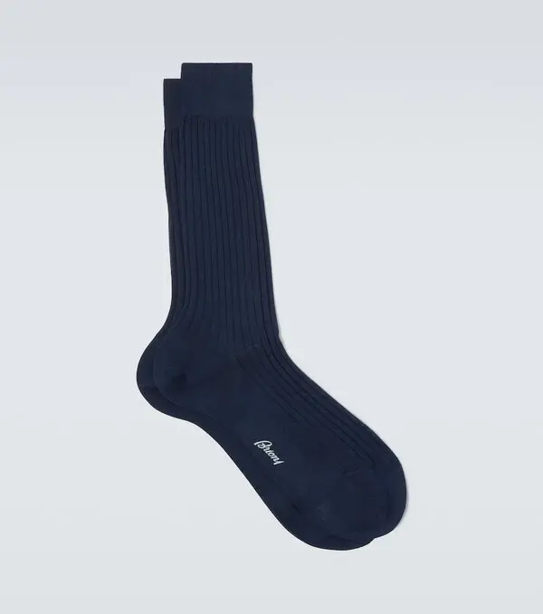 Brioni Ribbed-knit Cotton Crew Socks - Blue