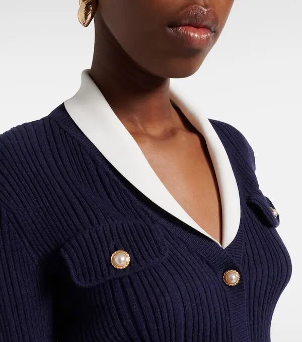 SELF-PORTRAIT Belted Ribbed-knit Cardigan - Blue