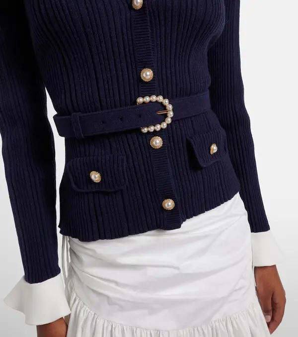 SELF-PORTRAIT Belted Ribbed-knit Cardigan - Blue
