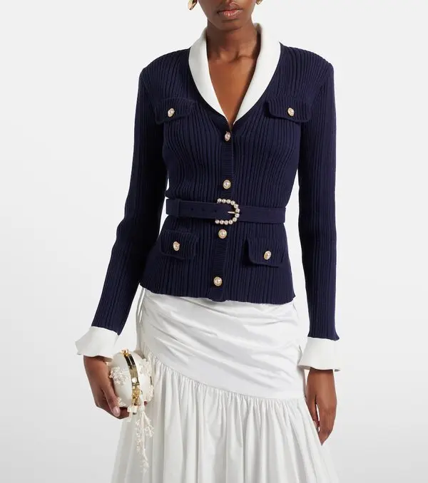 SELF-PORTRAIT Belted Ribbed-knit Cardigan - Blue