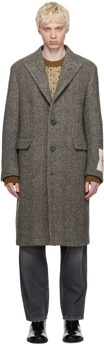 GOLDEN GOOSE Logo Patch Herringbone Patterned Coat