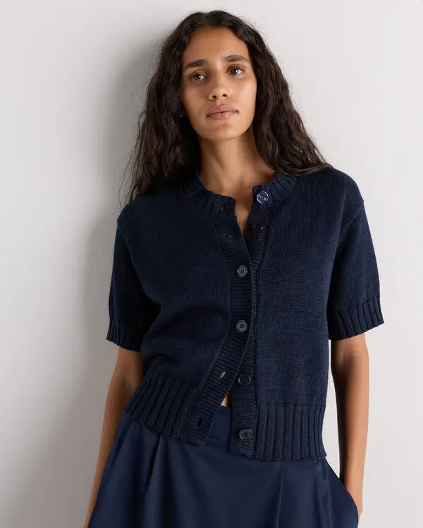 Quince Cotton Linen Short Sleeve Cardigan Sweater - Deep Navy