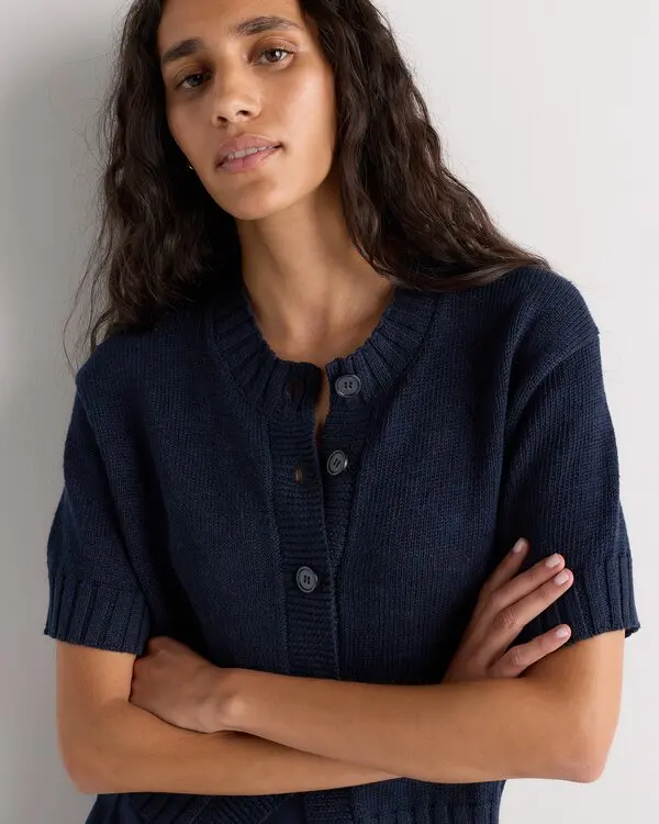 Quince Cotton Linen Short Sleeve Cardigan Sweater - Deep Navy