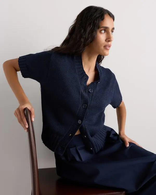 Quince Cotton Linen Short Sleeve Cardigan Sweater - Deep Navy