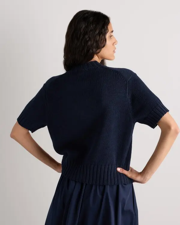 Quince Cotton Linen Short Sleeve Cardigan Sweater - Deep Navy