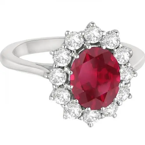 ALLUREZ 14k White Gold Oval Gemstone And Diamond Halo Ring - Ruby/white Gold