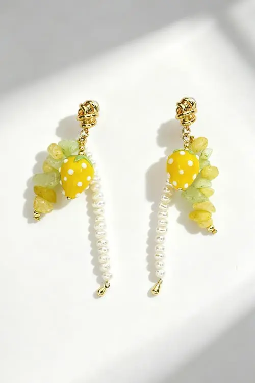 CLASSICHARMS Lulu Strawberry Drop Earrings With Pearls And Natural Stone Chips - Yellow