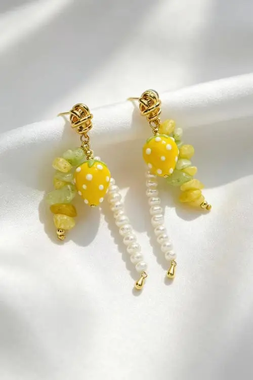 CLASSICHARMS Lulu Strawberry Drop Earrings With Pearls And Natural Stone Chips