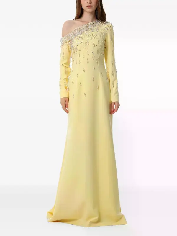 DINA MELWANI Crystal Embellished One-shoulder Maxi Gown