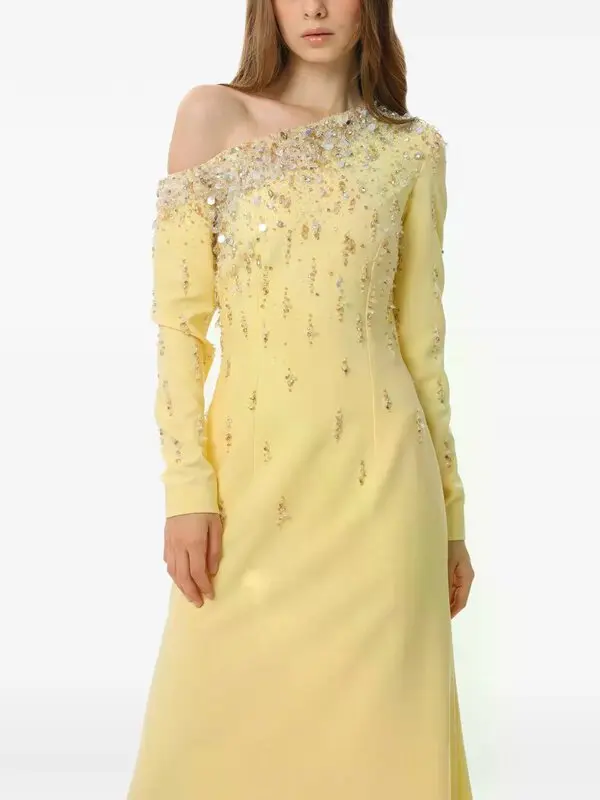 DINA MELWANI Crystal Embellished One-shoulder Maxi Gown