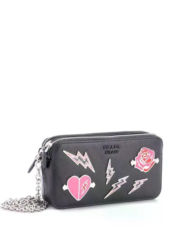 Prada Monochrome Double Zip Wallet On Chain Pin Embellished Saffiano Leather Crossbody Bag - Black