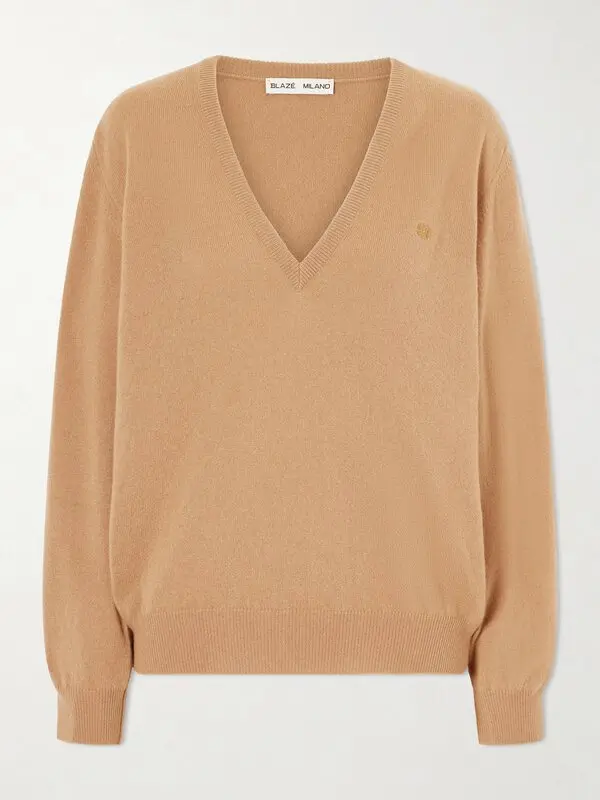 BLAZÉ MILANO Highland Embroidered V-neck Wool And Cashmere-blend Sweater - Brown