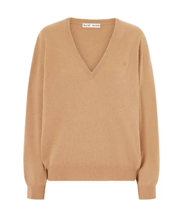 BLAZÉ MILANO Highland Embroidered V-neck Wool And Cashmere-blend Sweater - Camel