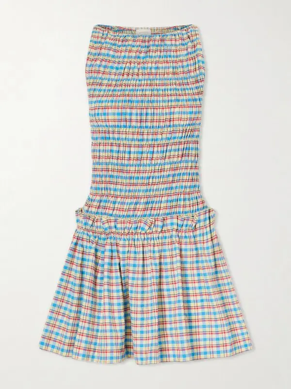 Faithfull The Brand Gala Shirred Checked Cotton-blend Mini Dress - Blue