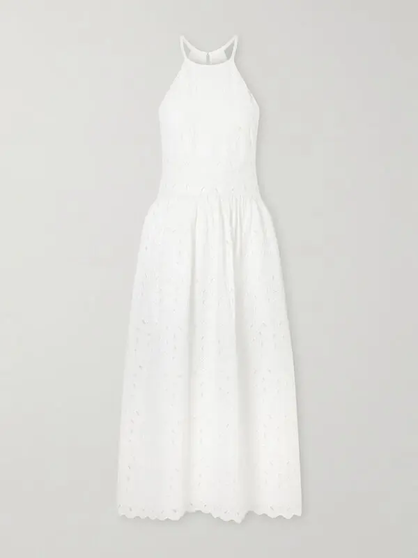 FRAME Scalloped Broderie Anglaise Halterneck Midi Dress - White