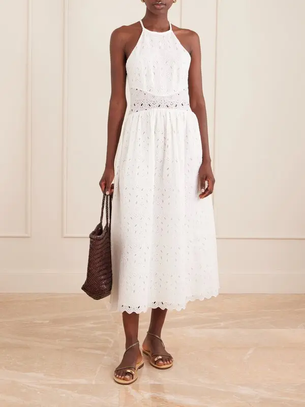 FRAME Scalloped Broderie Anglaise Halterneck Midi Dress